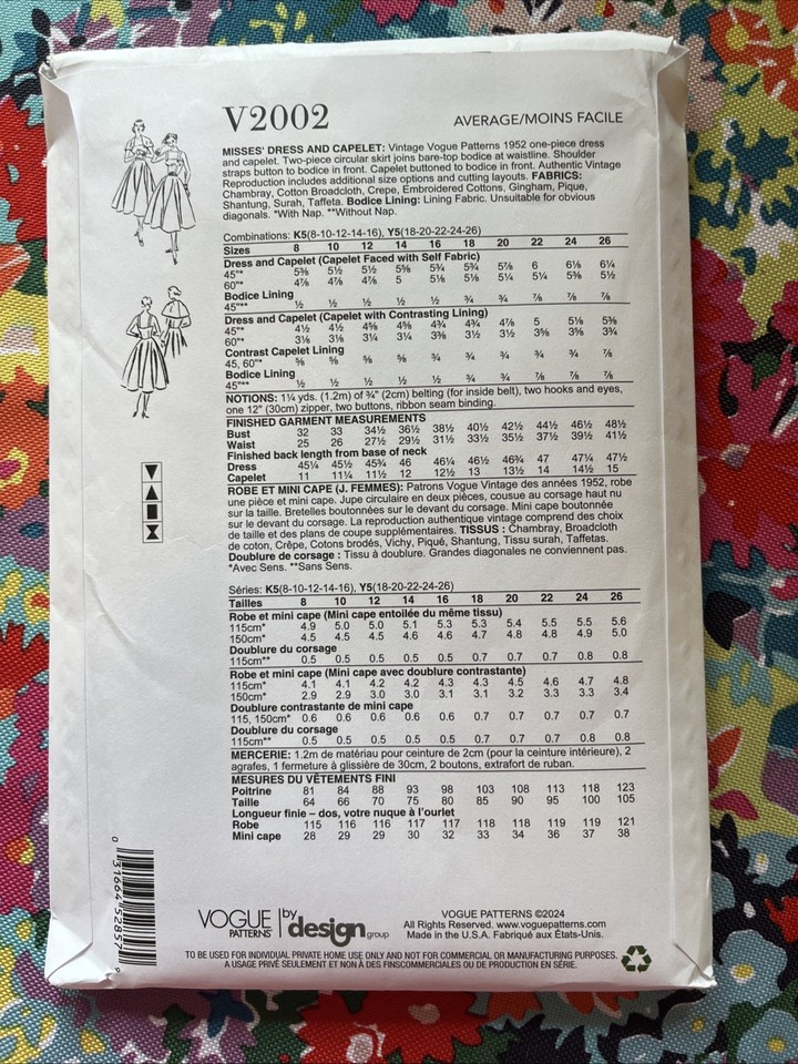Vogue Patterns Vintage 1950's Reissue Ladies Dress, Capelet V2002 Sz 18 ...