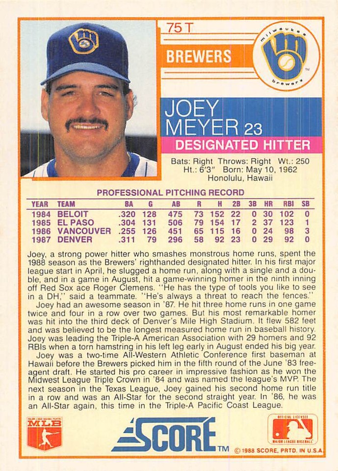Joey Meyer 1988 Score Rookie & Traded 75T Milwaukee Brewers Baseball ...