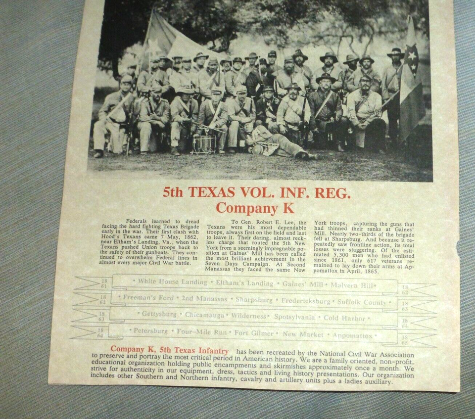 VINTAGE FLYER HOOD'S TEXAS BRIGADE 5TH TEXAS VOL. INF. REG. COMPANY K ...