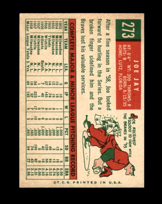 1959 Topps Set-Break #273 Joey Jay EX-EXMINT *GMCARDS* | eBay