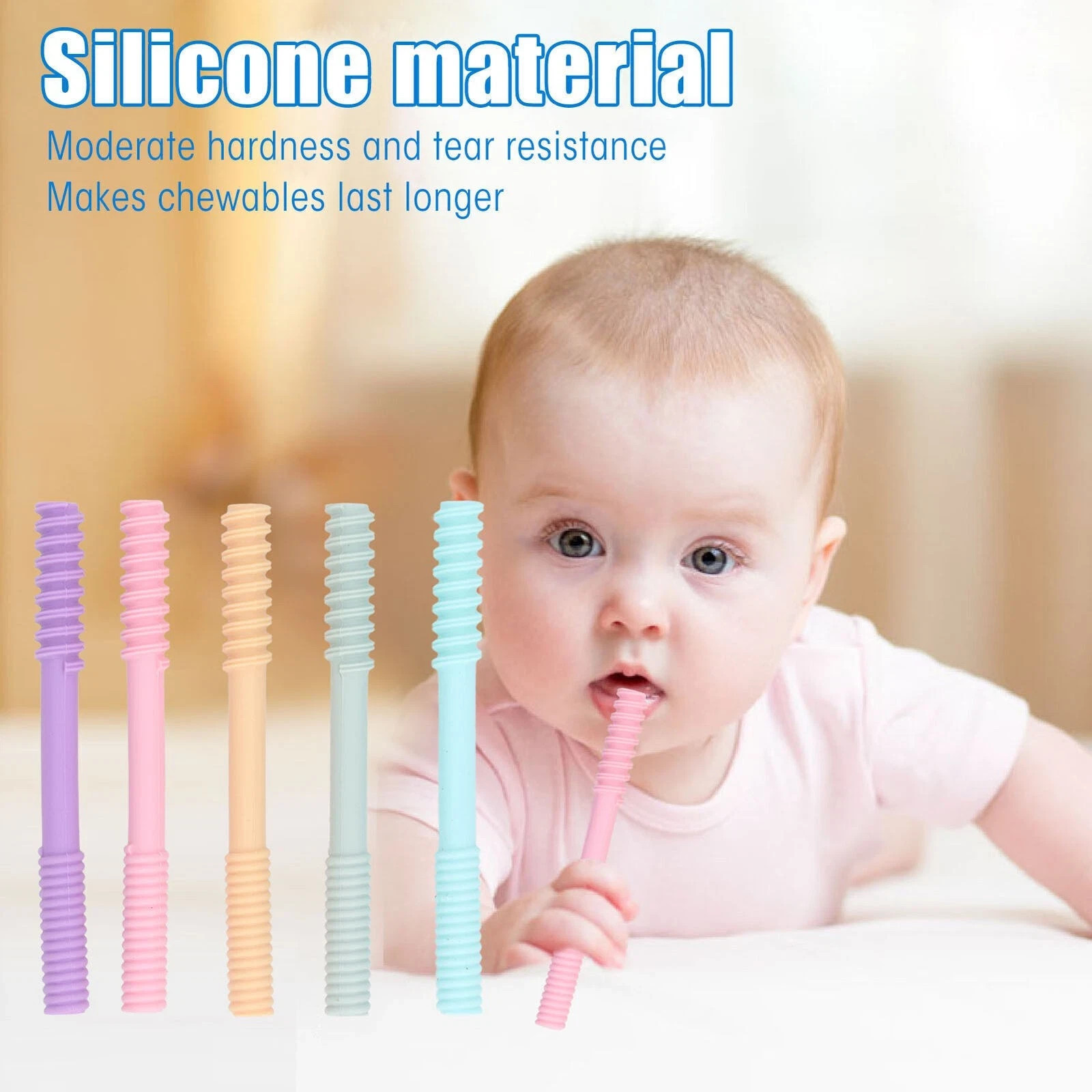 5PCS Baby Teething Sticks Hollow Teeth Grinding Soft Silicone Tubes ...