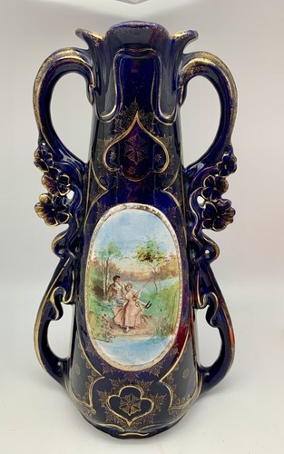 Josef Strnact Vase Austria Art Nouveau Portrait Cobalt Blue Floral ...