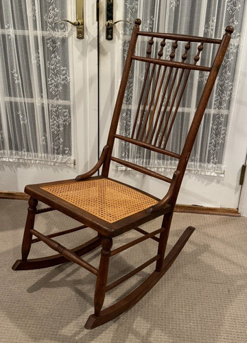 Vintage Antique Wood Oak Rocking Chair w/ Cane Seat Wood Spindle Back ...