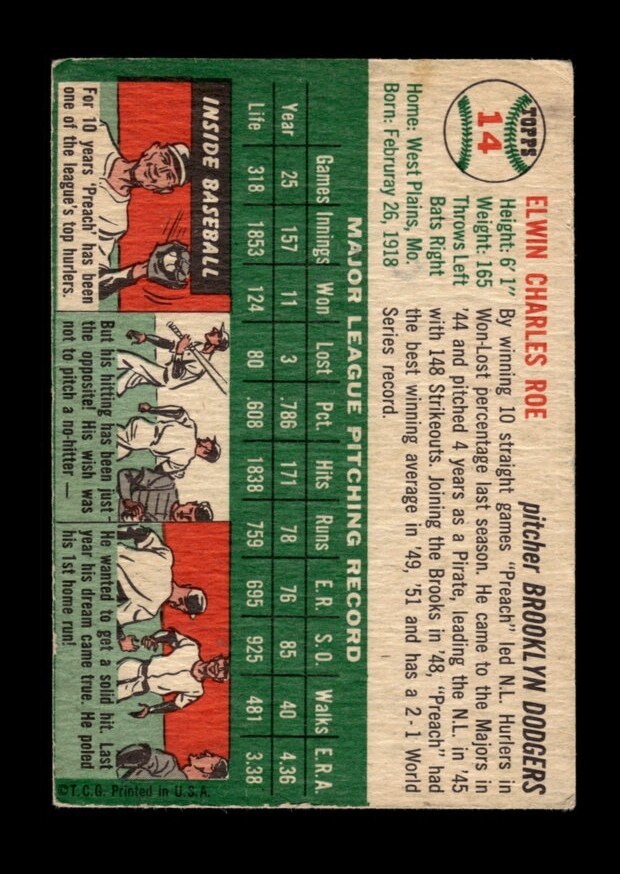 1954 Topps Set-Break # 14 Preacher Roe LOW GRADE (filler) *GMCARDS* | eBay
