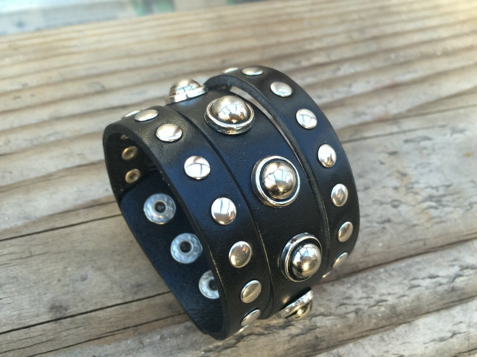 Men's Punk Rocker Biker Gothic Heavy Wide Leather Straps Wristband Cuff ...