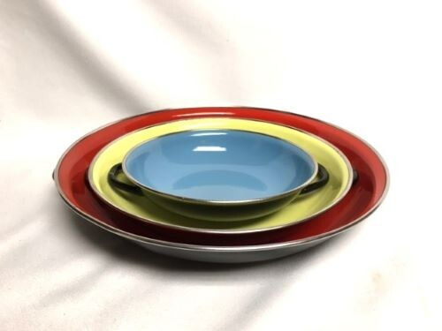 3 pc Enamel Saute Pan Set Emo Celje Yugoslavia Red Yellow Blue Mid ...