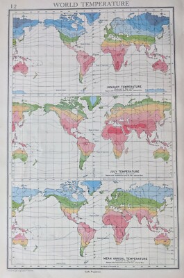 1942 Landkarte Welt Temperatur Januar & Juli Mean Annual Sea Level | eBay