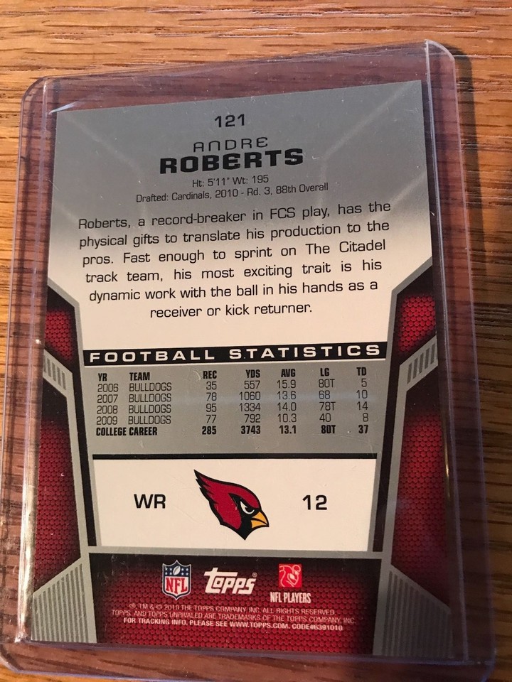2010 Topps Unrivaled #121 Andre Roberts Arizona Cardinals Rookie Card ...