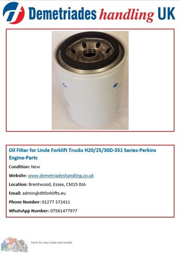 Oil Filter for Linde Forklift Trucks H20/25/30D-351 Series-Perkins ...