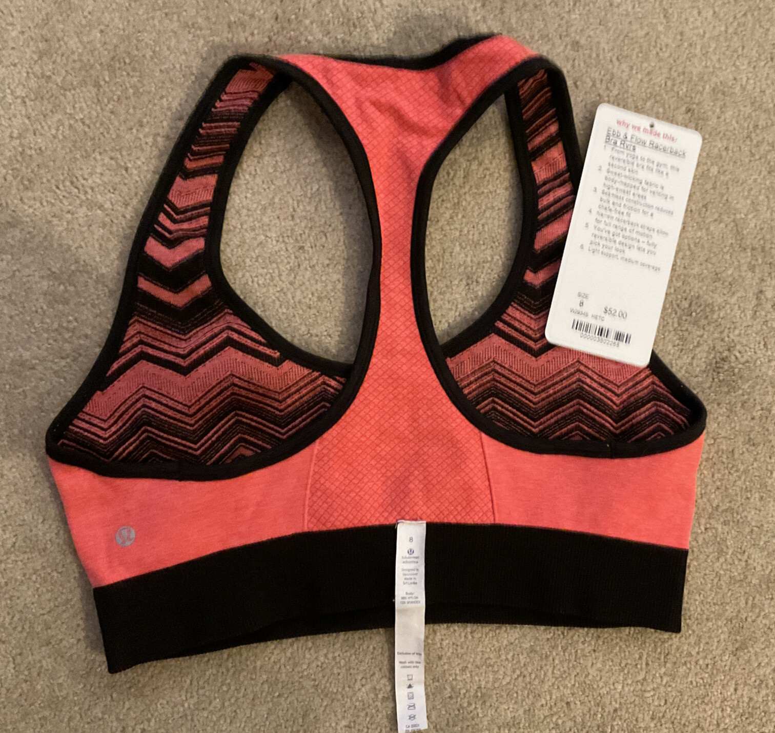 Lululemon Reversible Ebb & Flow Bra Orange/Black Chev… - Gem
