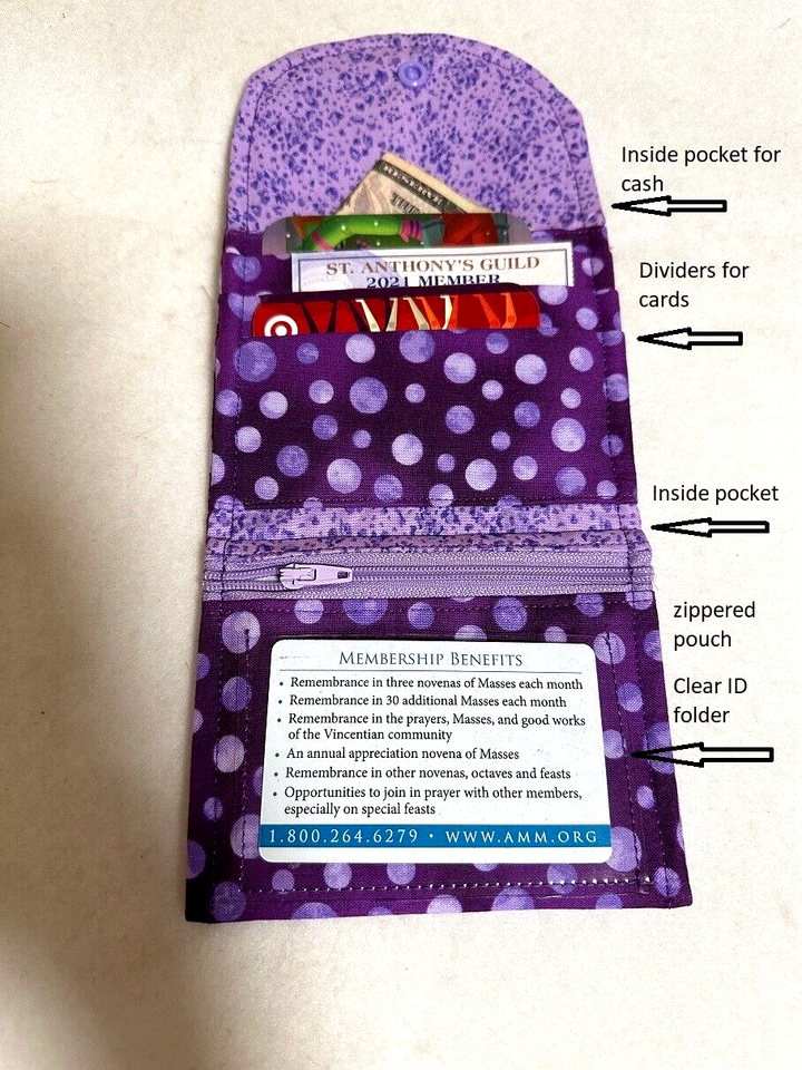 Handmade Purple Polka Dots Cotton Fabric trifold wallet / Billfold w ...