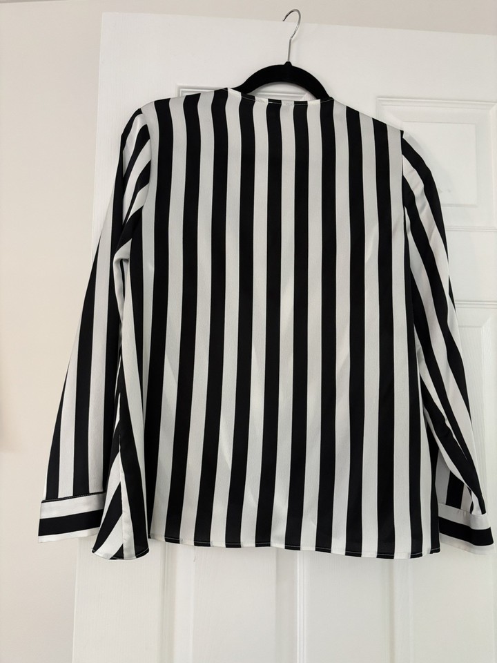River Island Womens Blouse Size 12 Black White Striped V-Neck Wrap Long ...