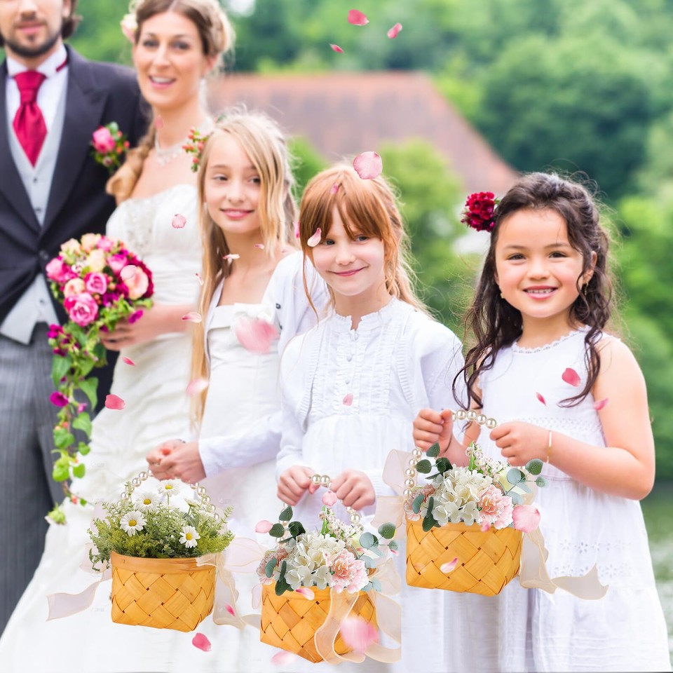 2Pc Flower Girl Baskets with Pearl Handles and Ribbon Bows - Handwoven ...