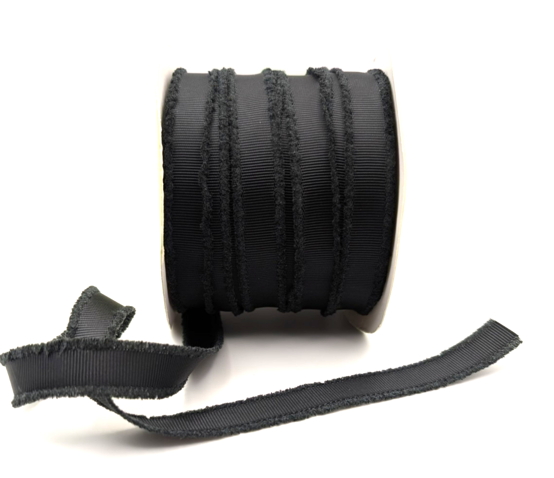 Black fuzzy grosgrain ribbon with frayed plush edges, 5/8" wide, 50 ...