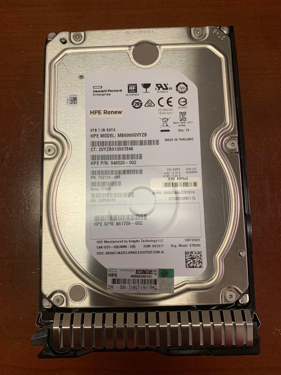 ST6000NM0115 861750-B21 862138-001 HPE ST 6TB 6G SATA 7.2K 3.5" LFF SC ...
