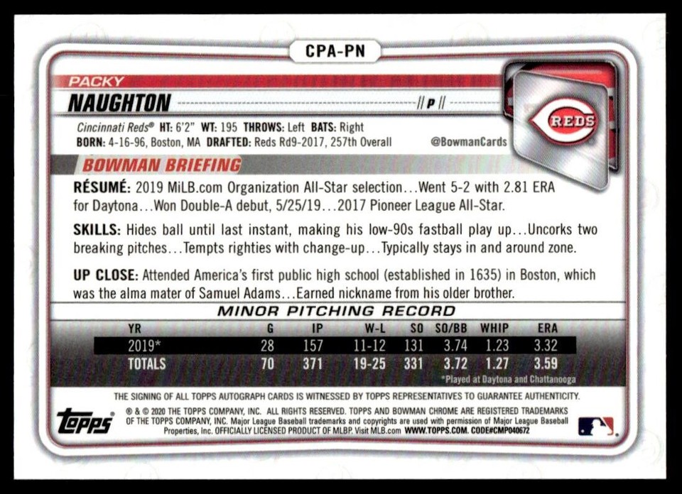 Packy Naughton 2020 Bowman Chrome Prospects Purple Refractor Auto 127/ ...