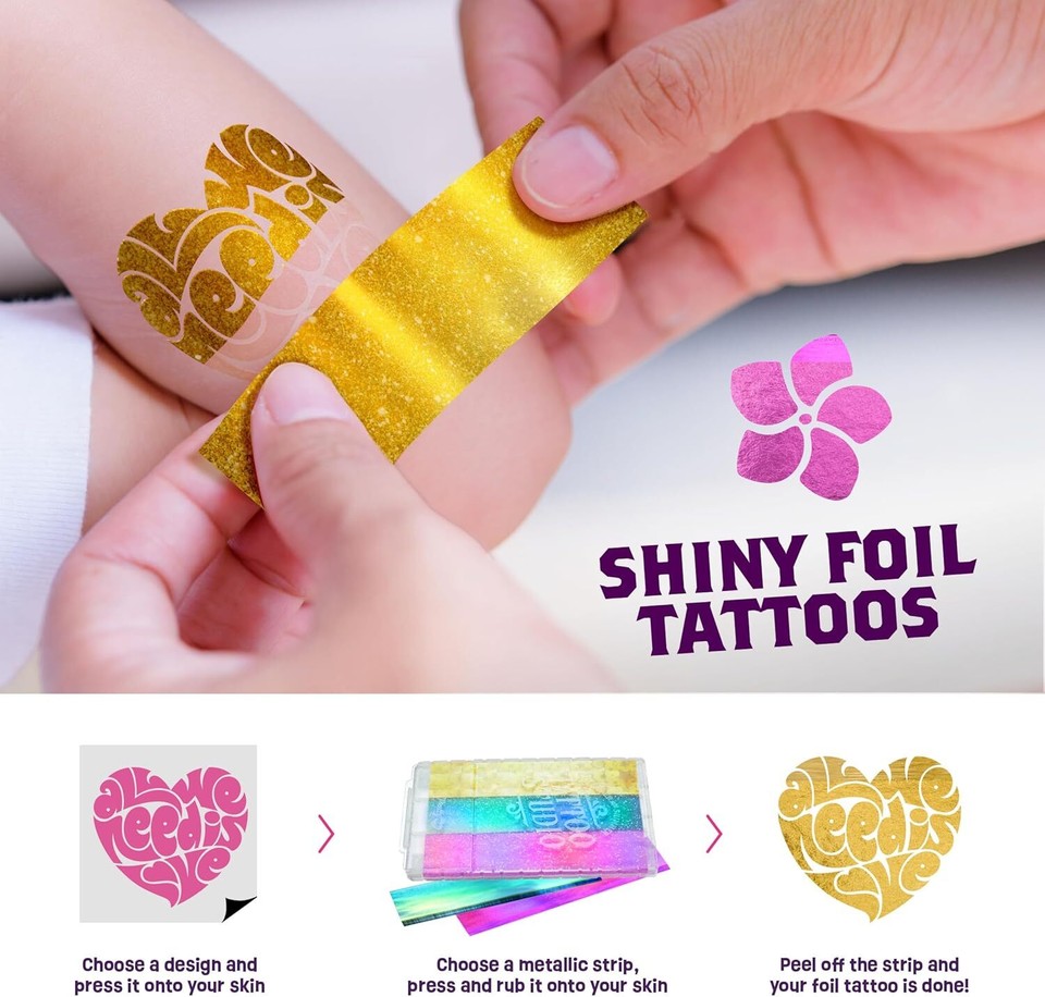 Temporary Shimmery Tattoo Studio Kit for Kids - Glitter & Metallic Fake ...
