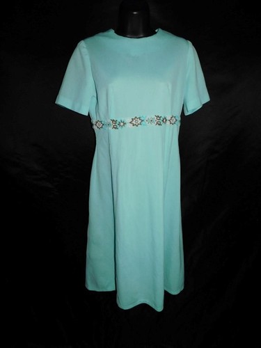 Vintage 60s S Light Blue Daisy Chain Day Dress Short Sleeve Empire Midi ...