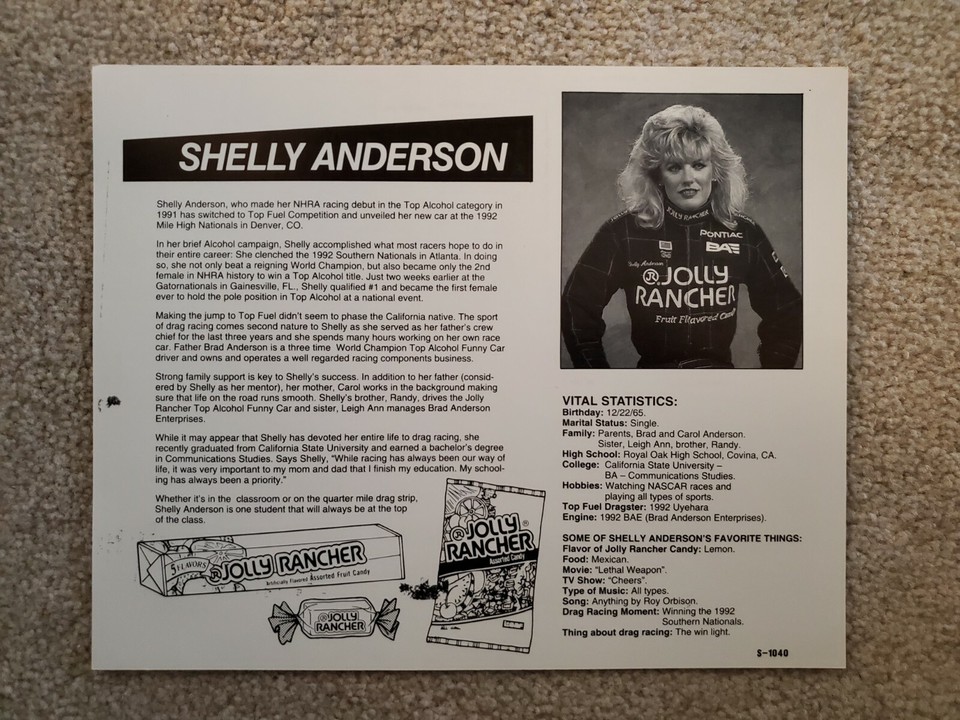 Shelly Anderson Jolly Rancher Top Fuel Dragster Handout/Hero Card | eBay