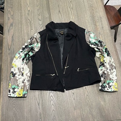 IMAN Moto Jacket Long Floral Sleeve Zip-Up Pockets Collared Black Plus ...