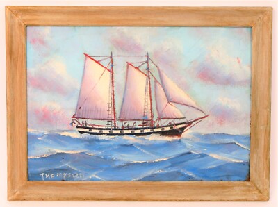 DELIGHTFUL 1971 ELLERY THOMPSON PAINTING CLIPPER WHALING SHIP MYSTIC CT ...