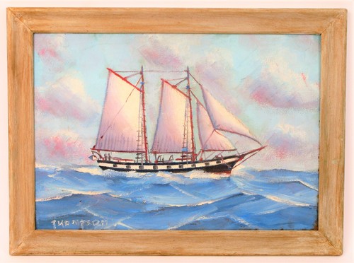 DELIGHTFUL 1971 ELLERY THOMPSON PAINTING CLIPPER WHALING SHIP MYSTIC CT ...