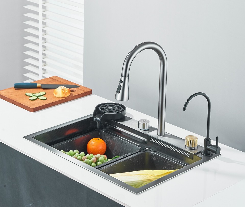 24 in Flying Rain Stainless Steel Waterfall Kitchen Sink with Faucet ...
