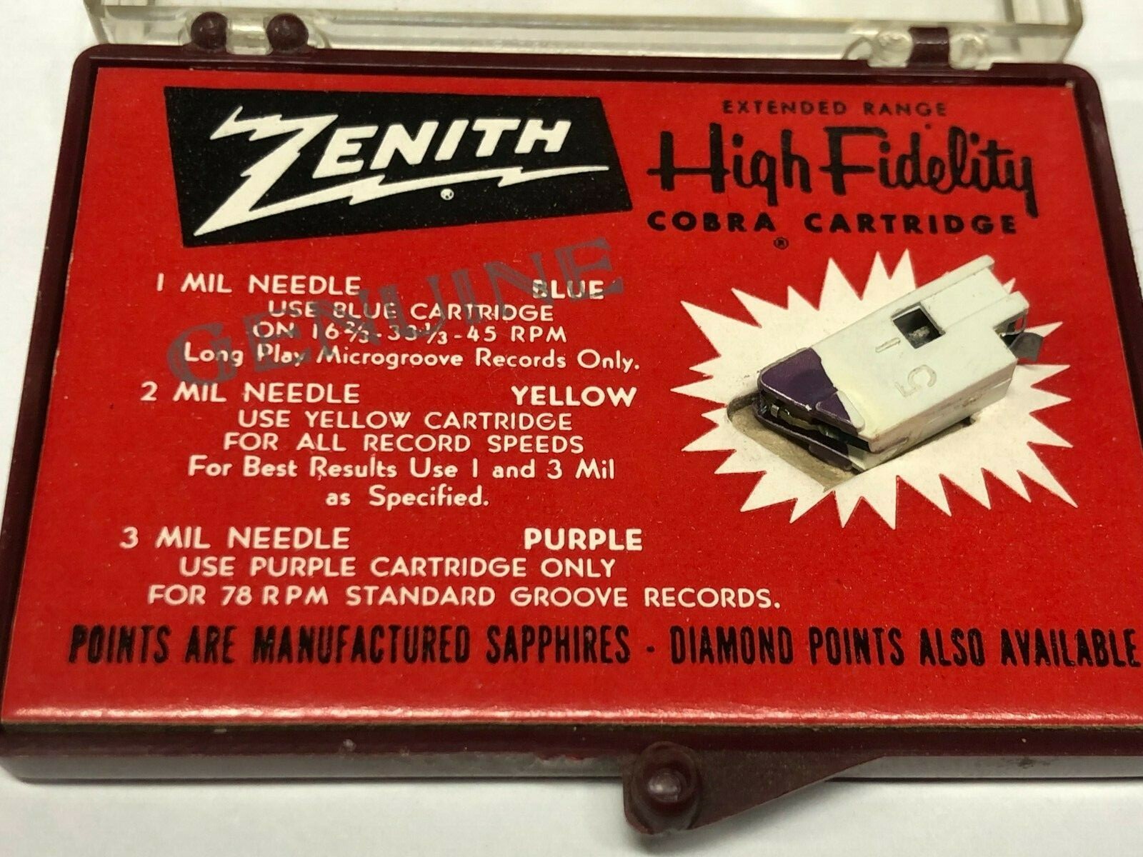 VINTAGE ZENITH HIGH FIDELITY COBRA CARTRIDGE NEEDLE 142-73 FOR 78 RPM ...