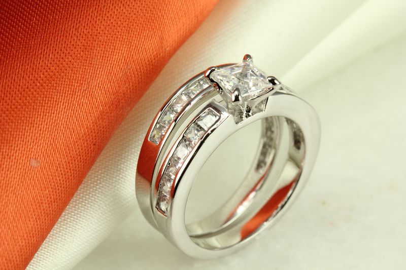 LADIES 2C STERLING SILVER 925 PRINCESS CUT BRIDAL ENGAGEMENT WEDDING 2 ...