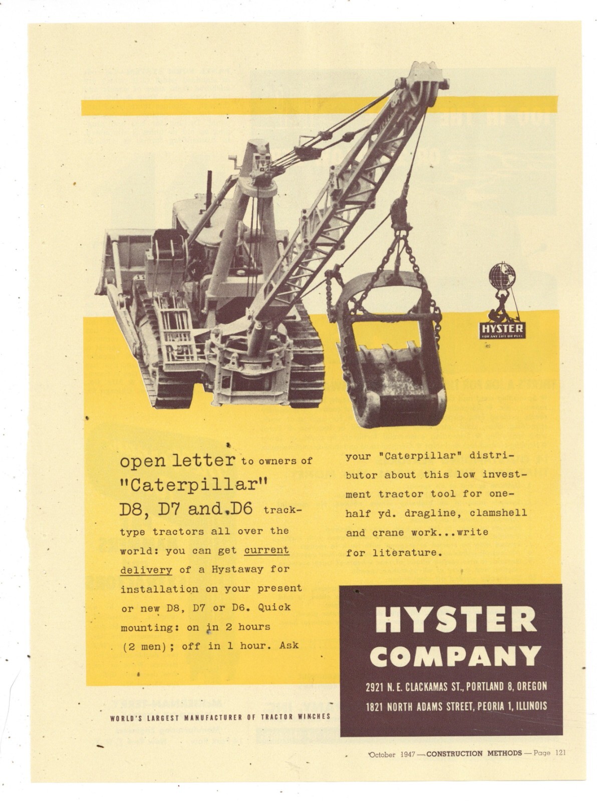 1947 Hyster Co. Ad: Caterpillar D6-D8 Tractors - Hystaway Mounts in Two ...