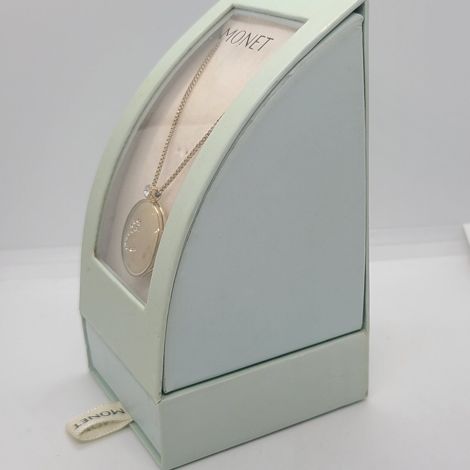 Monet Initial E Crystal Locket Gold Tone In Original Gift Box | eBay
