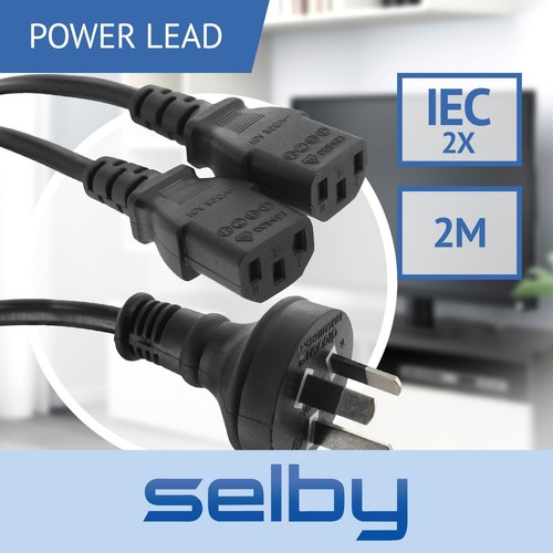 2m Mains Power Lead AU 3-Pin to 2 x "Kettle Plugs" Dual Cable Cord ...