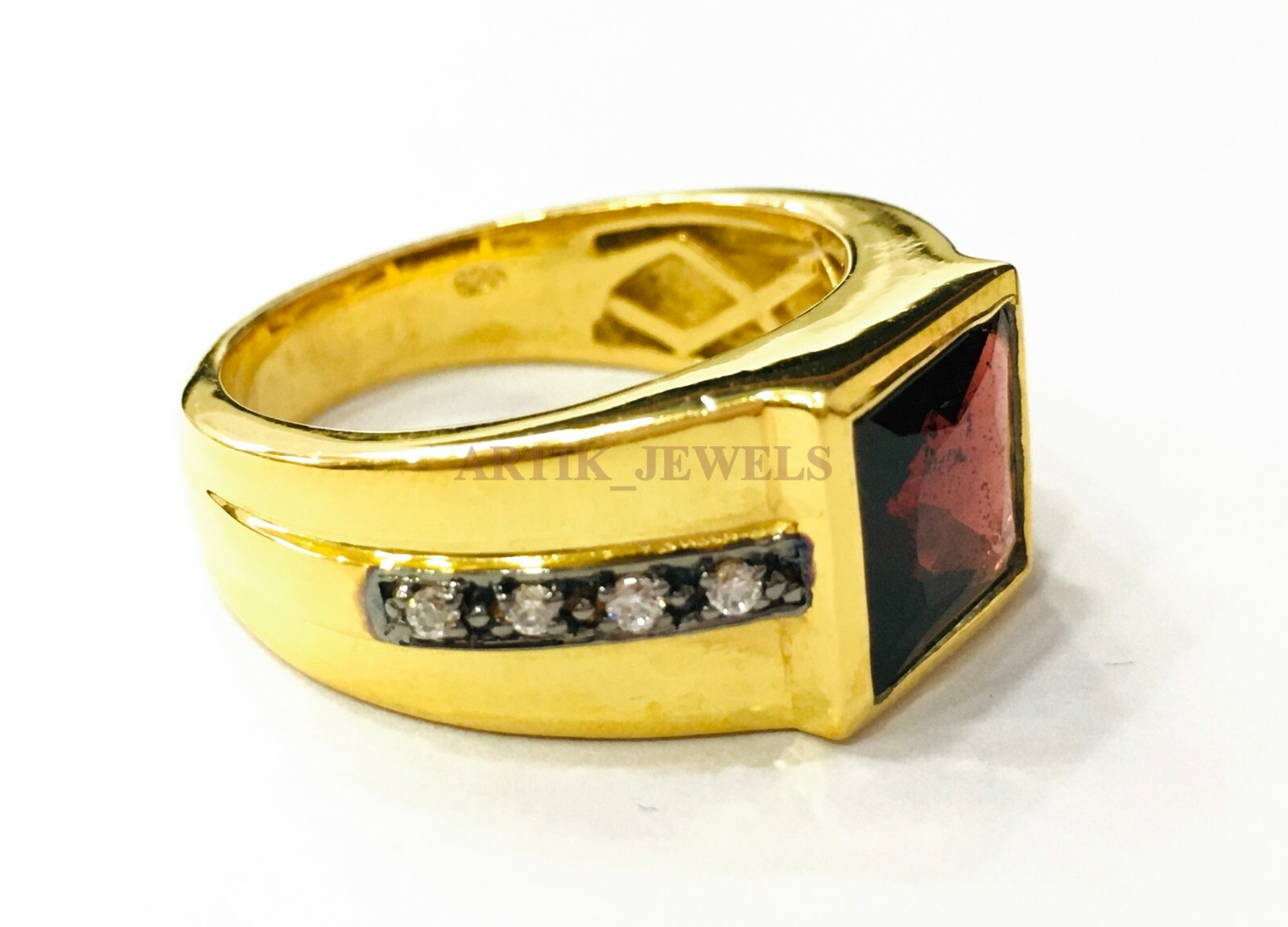 Naturel Gemme Grenat Avec Plaqué Or 925 Bague en Argent pour Homme #825 ...