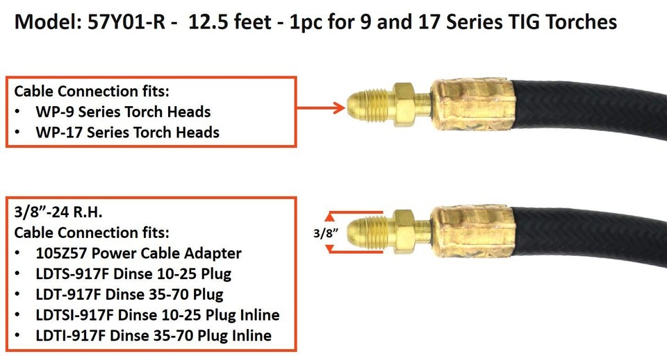 TIG Torch Power Cable - Model: 57Y01R - 12.5 feet - 1pc for 9 and 17 ...