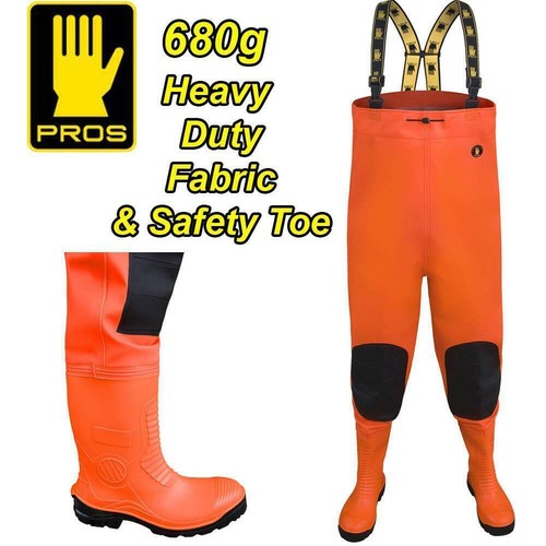 PROS 680g SAFETY HI-VIS DELUXE HEAVY DUTY CHEST WADERS FISHING STEEL ...
