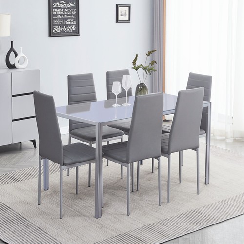 51" Gray Tempered Glass Dining Table & 6pcs Gray Faux Leather Dining Chairs Set | eBay