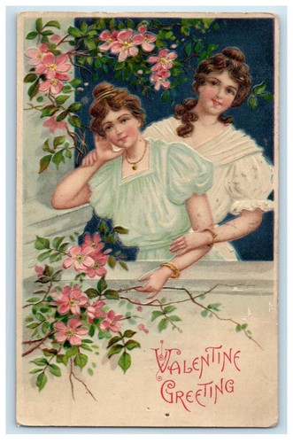1908 Valentine Greetings Two Beautiful Girls And Pink Pansies Flowers ...