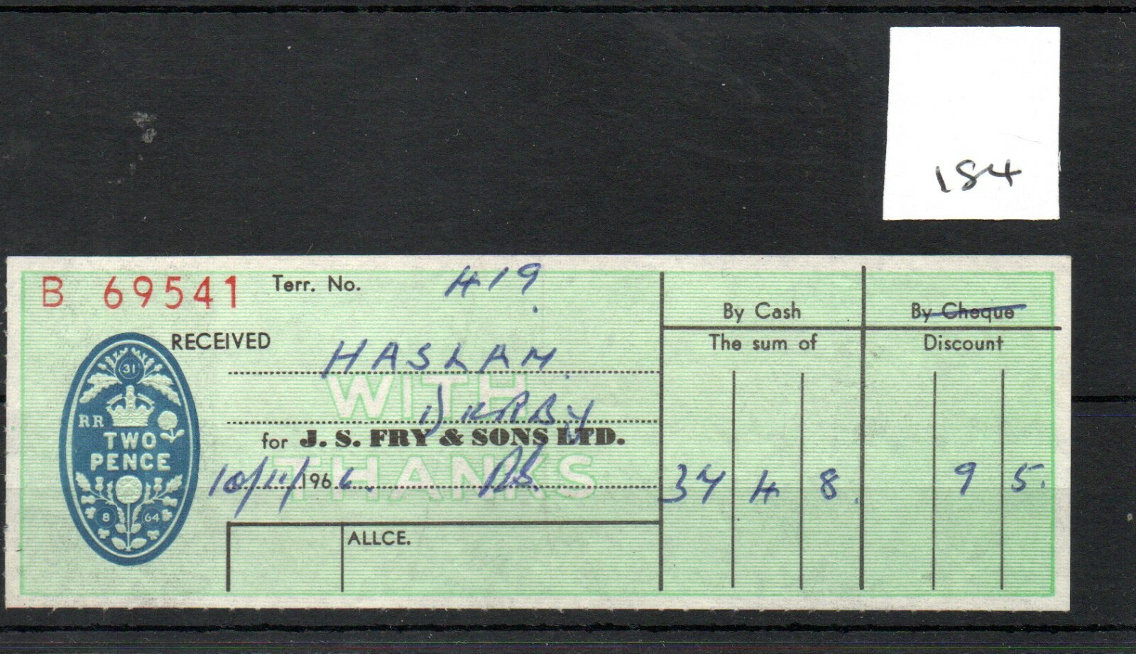 GB - Fiscal - Ephemera (184) JS Fry & Sons Ltd. - with embossed receipt ...