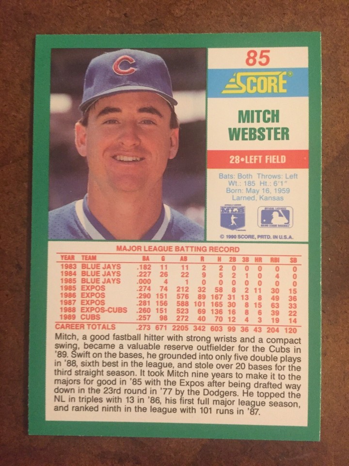 Mitch Webster 85 Score 1990 MLB Baseball Trading Card | eBay