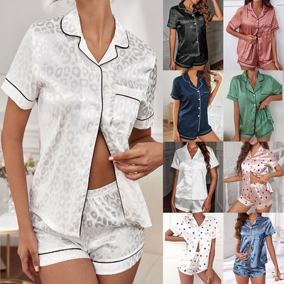 2PCS Women Satin Silk Pyjamas Lady Short Sleeve Soft Nightwear ...