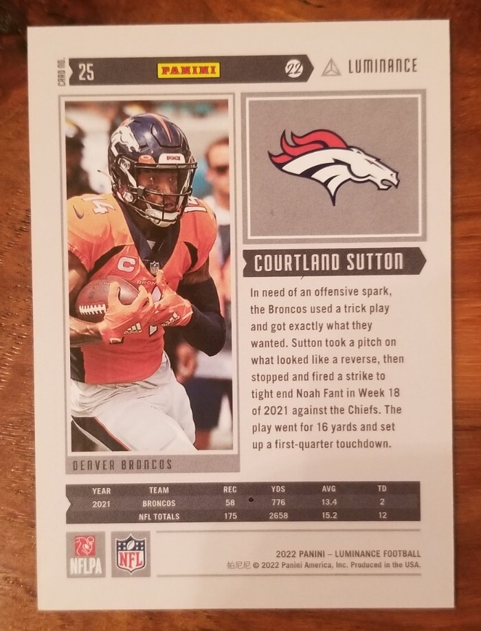 Courtland Sutton 2022 Panini Luminance Blue Parallel Football Card 146/ ...