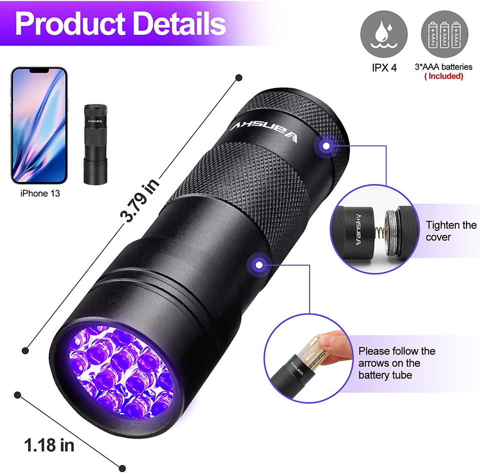 Black Light UV Flashlight,Vansky Blacklight 12 LED Urine Detector for Dog/Cat/Pe | eBay