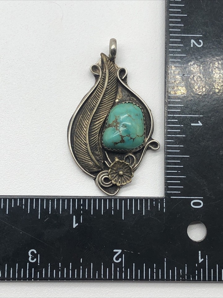 Turquoise Sterling Silver Pendant With Leaf Design 10.4g 2” | eBay