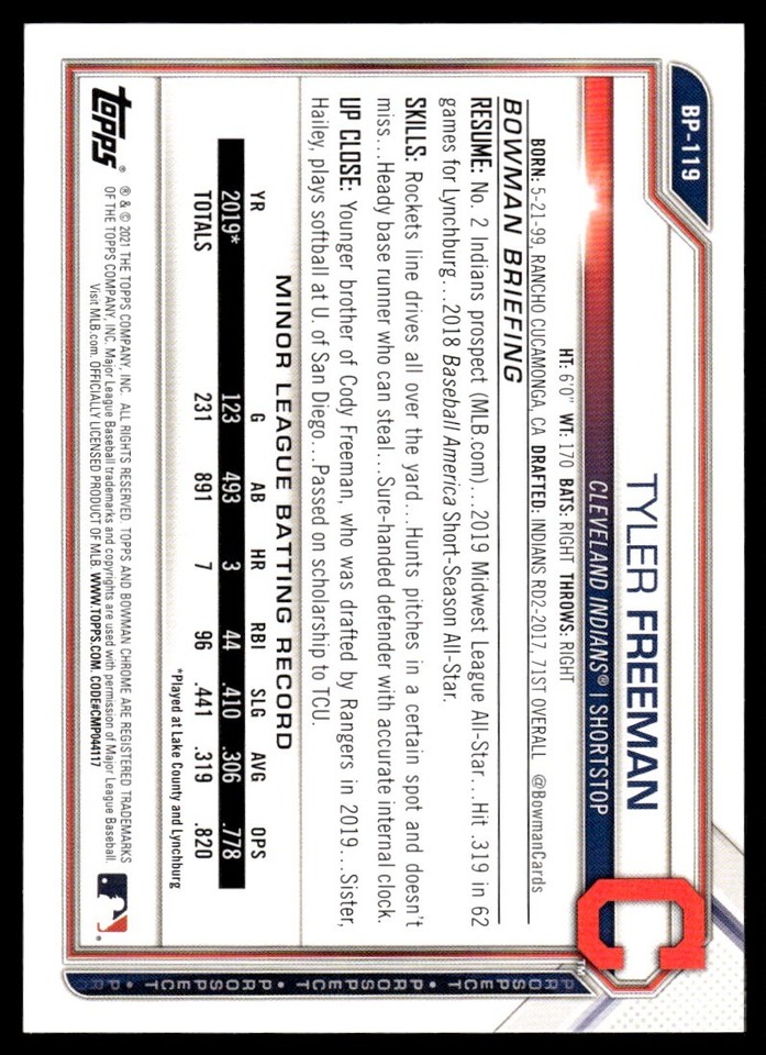 2018 Bowman Chrome Prospects Tyler Freeman Cleveland Indians #BCP172 | eBay