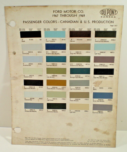 1967-69 FORD CAR COLOR CANADIAN-USA PAINT CHIP DUPONT CANADA SAMPLES ...