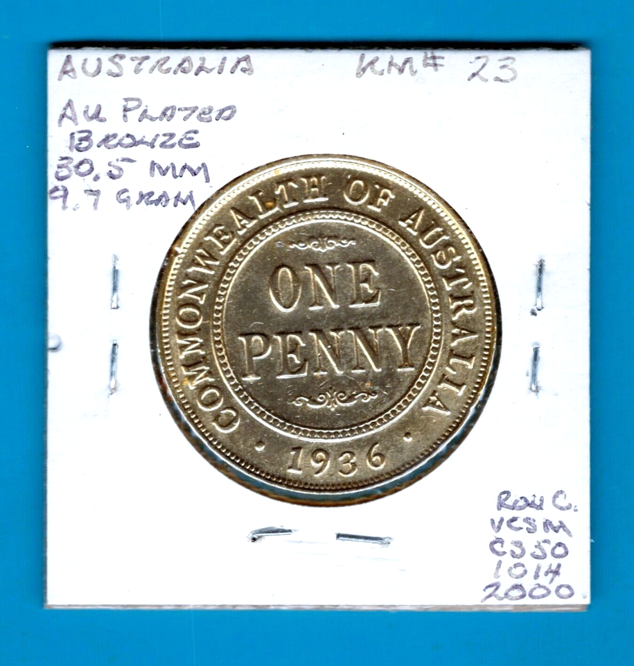 AUSTRALIA-BEAUTIFUL HISTORIC GOLD PLATED GEORGE V BRONZE PENNY, 1936 (m ...