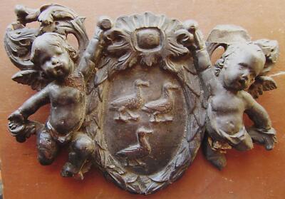 Antique carved OAK/GESSO ARMORIAL Doncaster Hall Cross 3 birds cherub ...