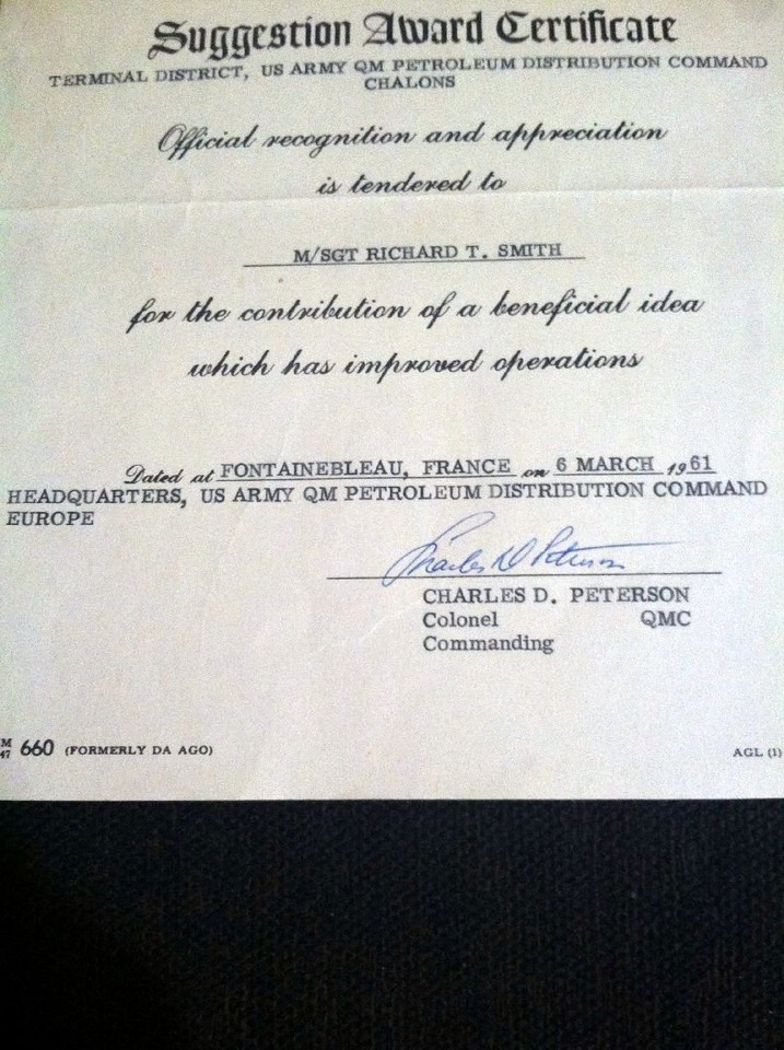 US Army Suggestion Award Certificate NATO MSGT Smith QM 1961 Cold War ...