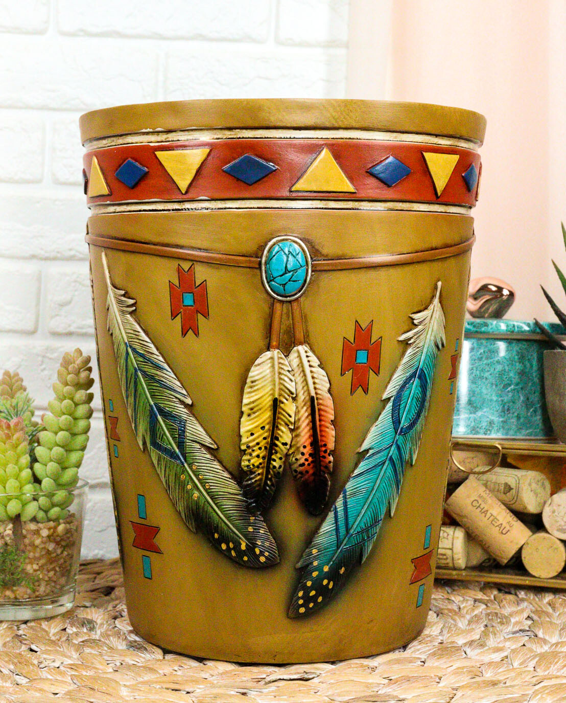 Southwestern Indian Feathers Turquoise Stone Dream Catcher Waste Basket ...