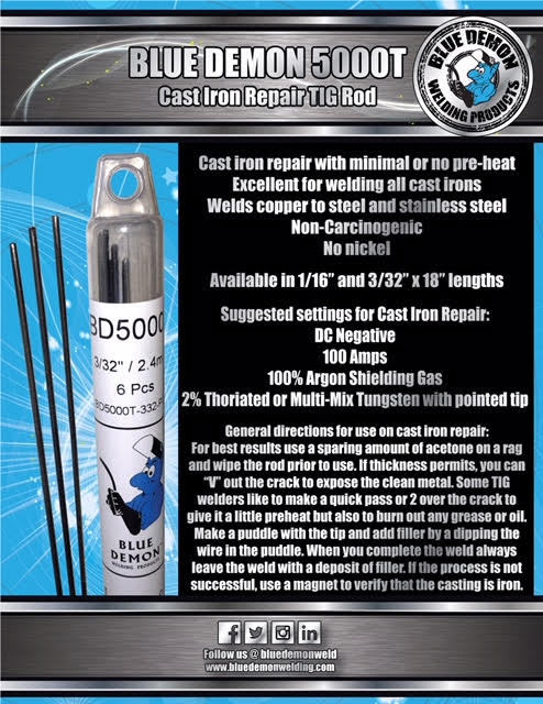 Alloy 5000T 3/32" TIG Rods for Cast Iron Repair 8 Rods Blue Demon | eBay